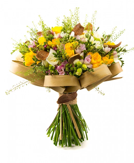 Buchet frezii albe, roz si galbene