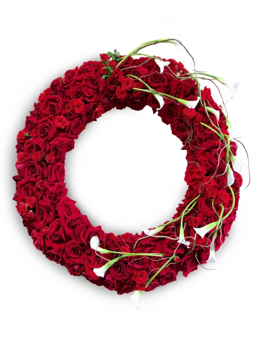 Coroana funerara pace eterna, din trandafiri rosii si cale albe