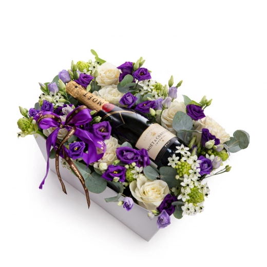 Comandă Online Buchet Cutie flori alb si mov cu sampanie – FlorideLux